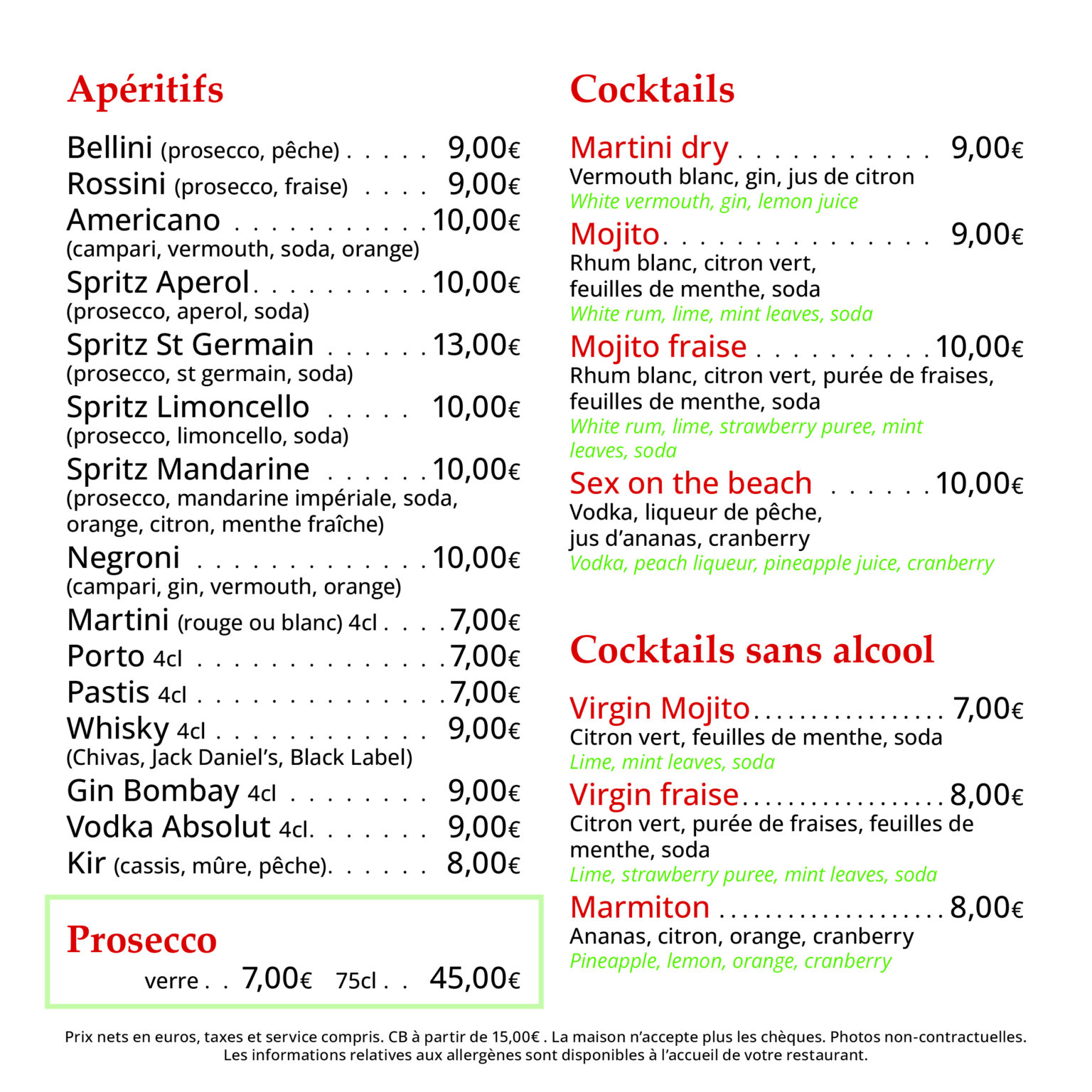 Menu – Bella Italia