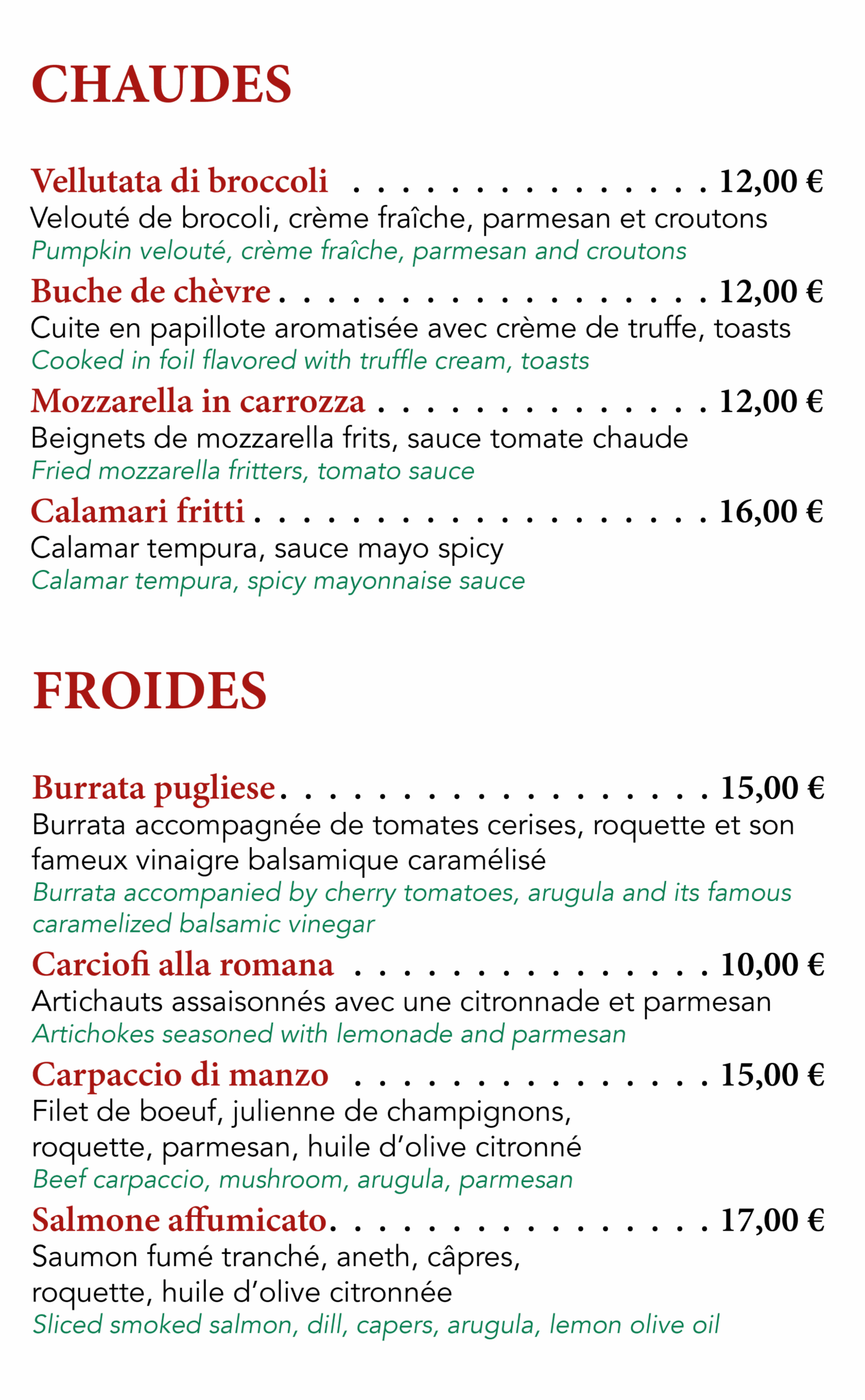 Menu – Bella Italia