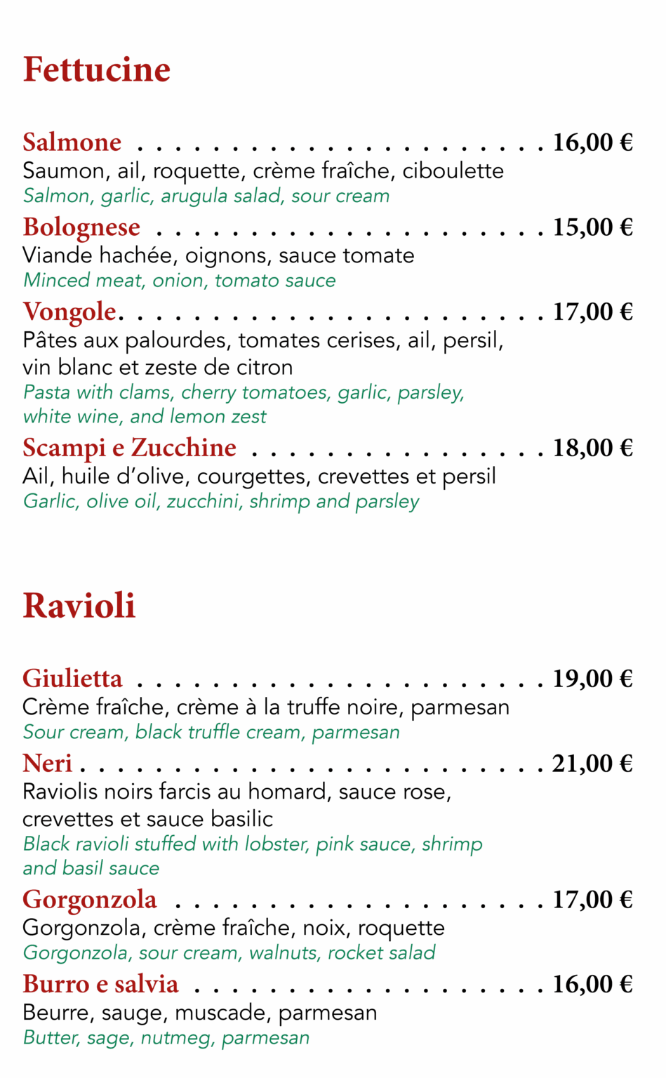 Menu – Bella Italia